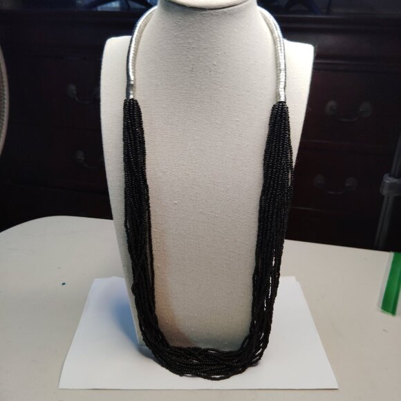 Jewelry | Modern Multistrand Black Seed Bead Necklace With Sleek Silver ...